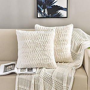 YUSOKI Luxury Faux Fur Throw Pillow Covers-18 x18,Set of 2-Boho Furry Fuzzy Fluffy Cozy Pillow Cases for Sofa Couch Bedroom Without Insert(Ivory,18"x18")