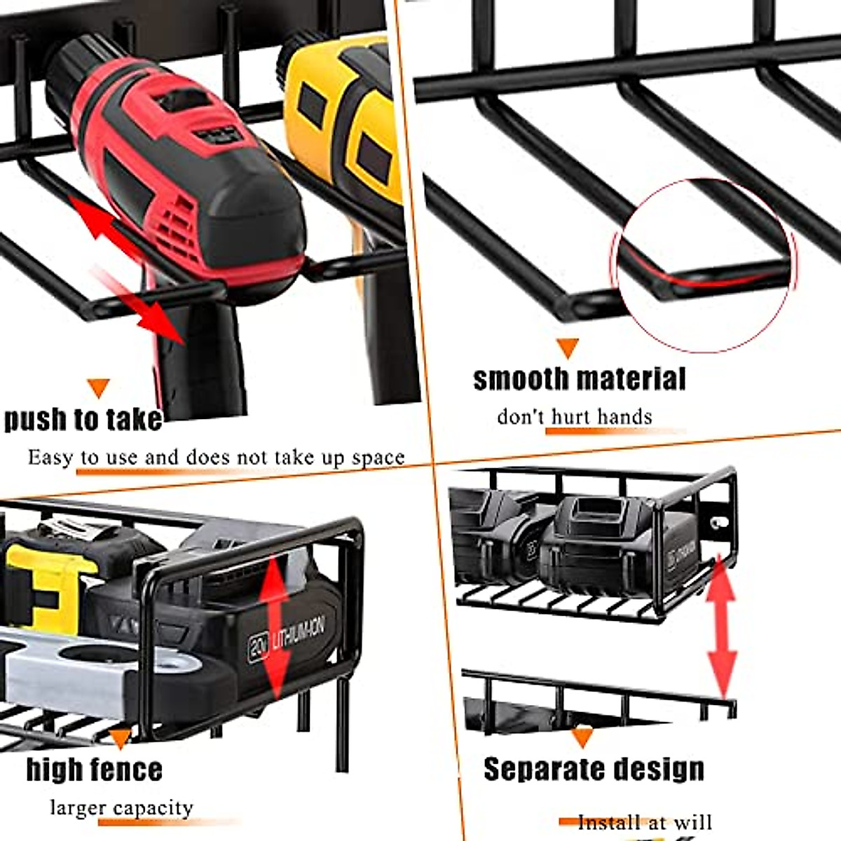 2 Pack Power Tool Organizer for Tool Storage, Heavy Duty Floating Tool Shelf, Drill Holder Wall Mount, Utility Rack for Cordless Drill Compact Steel Design Solid Metal Black（2 pack 4 set) (Black)