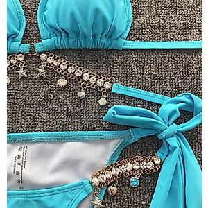 BIKINX Women's Sexy Thong Bikini Diamond Tie Side Bottom Blue Triangle Bikini Halter Swimsuits