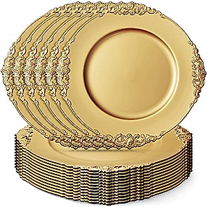 Zopeal 18 Pack Antique Charger Plates Bulk 13 Inch Round Plastic Chargers for Dinner Plates Vintage Embossed Pattern Decorative Plate Chargers for Wedding Party Banquets Events Tableware Decor (Gold)
