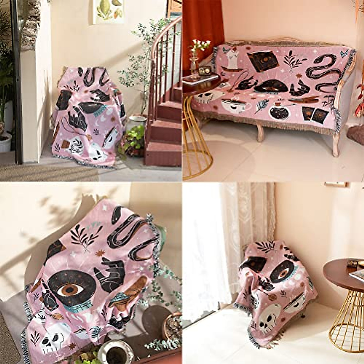 tiowik Divination Tarot Card Snake Skull Devil Eyes Throw Woven Blanket with Tassel for Home Decoration Chair Couch Sofa Bed Beach Travel Picnic Cloth Tapestry Shawl Cozy Cotton (Pink 63×51 Inches)