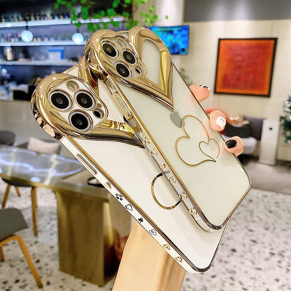 BANAILOA Compatible with Phone 13 Pro Max Cute Case, Plating 3D Love Heart Luxury Case for Women Camera Protective Soft TPU Girly Case Cover Design for Phone 13 Pro Max- 6.7 inch (Clear)