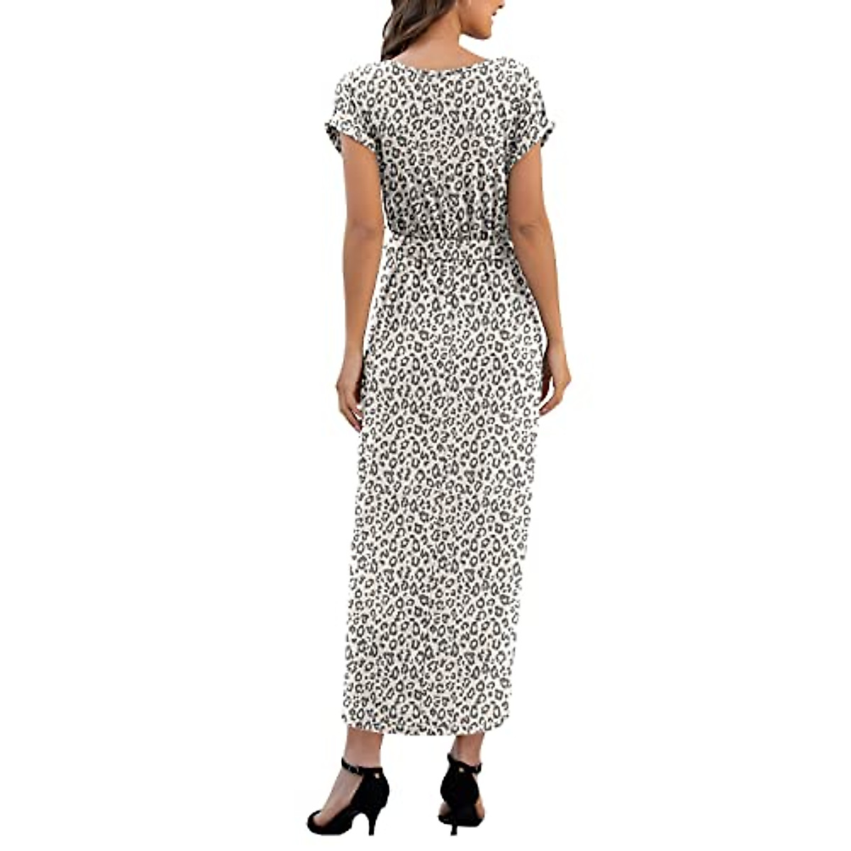 GRECERELLE Women's Short Sleeve Summer Dresses Elastic Waist Slit Casual Long Maxi Dress with Belt FP-Leopard Coffee-Large