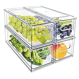 4Pack Stackable Fridge Organizer Drawers Pull Out Bins Clear Refrigerator Drawer Storage Box Divided Produce Saver Containers for Veggie Fruit Pantry Cabinet Makeup Clothes