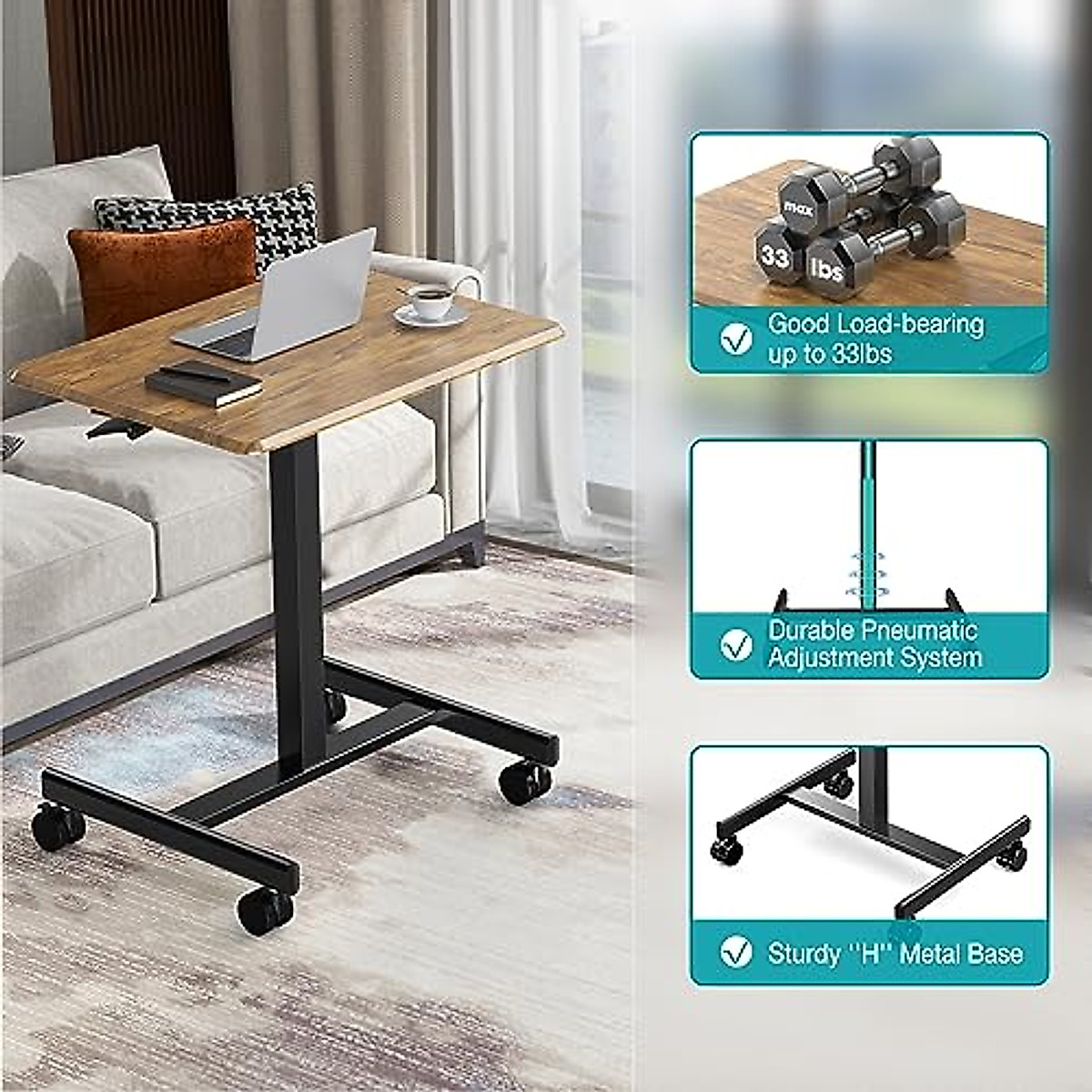 DUMOS Small Standing Desk Mobile Portable Rolling Laptop PC Table on Wheels Adjustable Height Computer Workstation for Home Office, 19 Inch, Brown