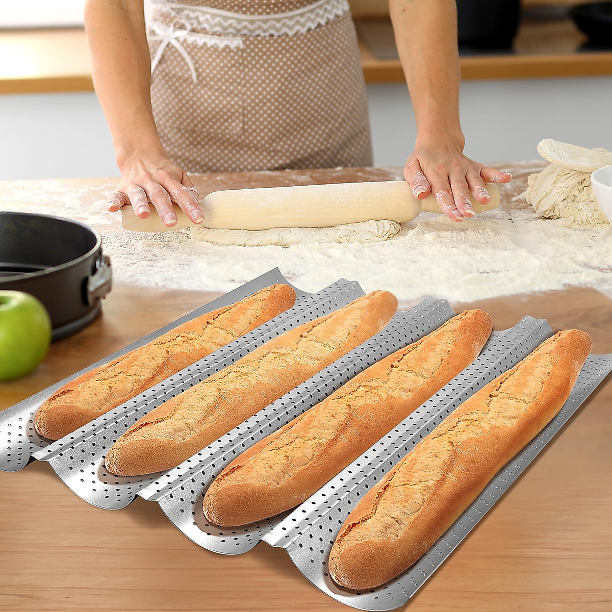KIAADSY French Baguette Bread Pan,Non-Stick French Bread Mold, Perforated 4 Slot French Baguette Pan for Home and Professional Bakers, 15 “x12.8” (Silver)