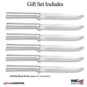 Rada Cutlery Utility Steak Knives Gift Set Stainless Steel Blades with Aluminum, Set of 6, 8-1/2 Inches, Silver Handle