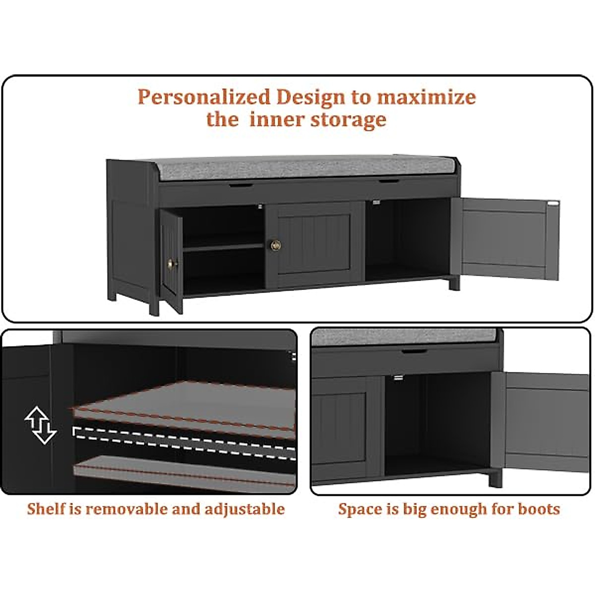HOMEFORT 41.3" Shoe Bench with Lift Top Storage, Entryway Storage Bench with Cushioned Seat, Wooden End of Bed Bench, Shoe Cabinet Bench with Hidden Storage Space, for Bedroom, Hallway(Black)