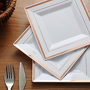 Tableclothsfactory 20 Pack 7" White Disposable Plates Square Plastic Plates Salad Dessert Plates With Shiny Rose Gold Rim For Weddings
