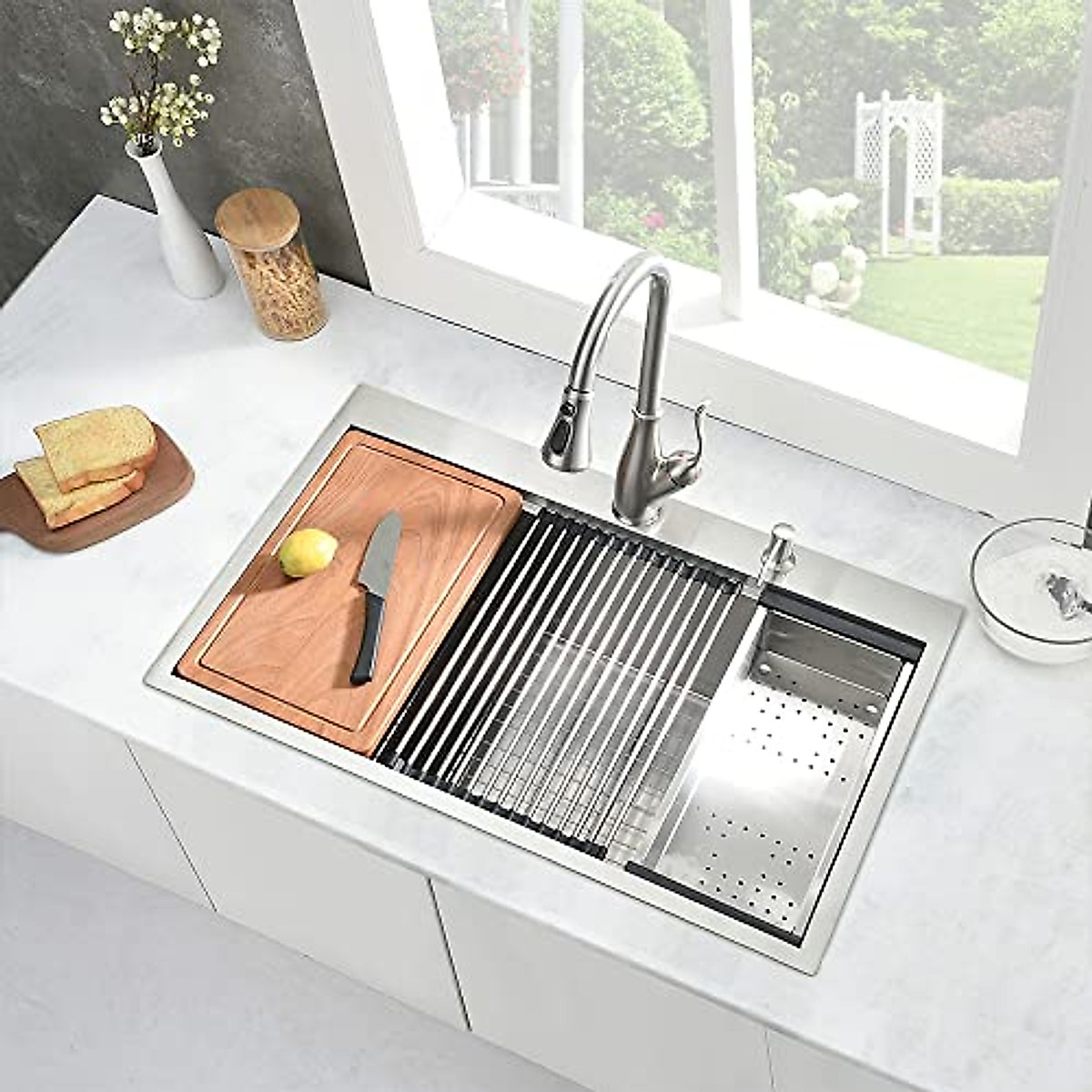 Jshozzy 30 Inch Drop in Kitchen Sink Workstation, 30x22 Drop-in Top Mount Kitchen Sink Stainless Steel Kitchen Sink Single Bowl Deep Kitchen Sink with Offset Drain
