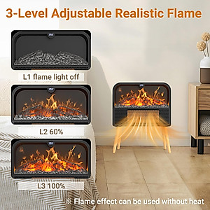 Electric Fireplace Heater, Freestanding Electric Fireplace with Realistic Flame & Solid Wood Stand, Portable Space Heater Fireplace for Indoor Use with 1-12H Timer, 59℉ to 95℉ Thermostat, 1500W