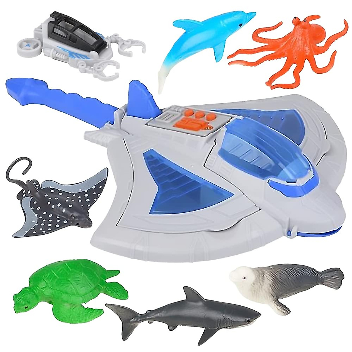 ArtCreativity Sting Ray Transporter Set, Includes 1 Stingray Toy with Sounds and 7 Sea Creatures, Interactive Ocean Toys for Kids, Sea Animal Toys for Kids and Underwater Party Supplies