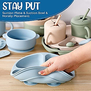24 Pack Silicone Baby Feeding Set Baby Led Weaning Supplies Includes Suction Divided Plates Soft Bowl Spoons Forks Adjustable Bib Snack Cup and Straws for Baby Self Eating Feeding Supplies, 3 Colors