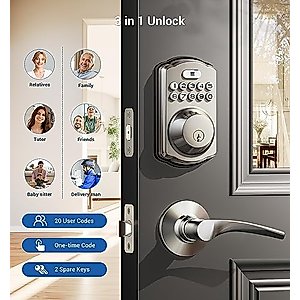 Veise Keyless Entry Door Lock with 2 Lever Handles - Electronic Keypad Deadbolt, Auto Lock, Easy Installation Digital Smart Code Door Lock, Front Door Handle Set, Satin Nickel