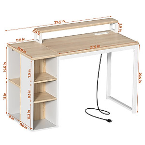 SOROGRA Small Computer Desk with Storage Shelves 39.4 inch Home Office Desk with LED Lights and Power Outlets, Writing Desk with Monitor Stand for Bedroom, Small Space, Oak