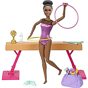 Barbie Gymnastics Playset with Doll and 15+ Accessories, Twirling Gymnast Toy with Balance Beam, Brunette Doll