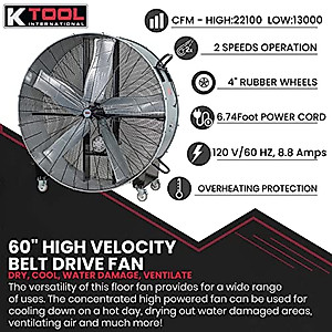 K Tool International 77760; 60” Belt Drive Drum Fan, Ideal for Warehouses and Barns, 4 Casters for Easy Mobility Around the Shop or Garage, High Velocity 2 Speed Motor Produces 22,100 Max CFM, Gray
