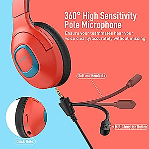 COOSII Q5 Gaming Headsets with Microphone for Nintendo Switch, Wired Stereo Noise Isolation Headphone with Shareport Mute Function, Foldable On Ear Compatible Cellphones School Tablet Laptop- Red Blue
