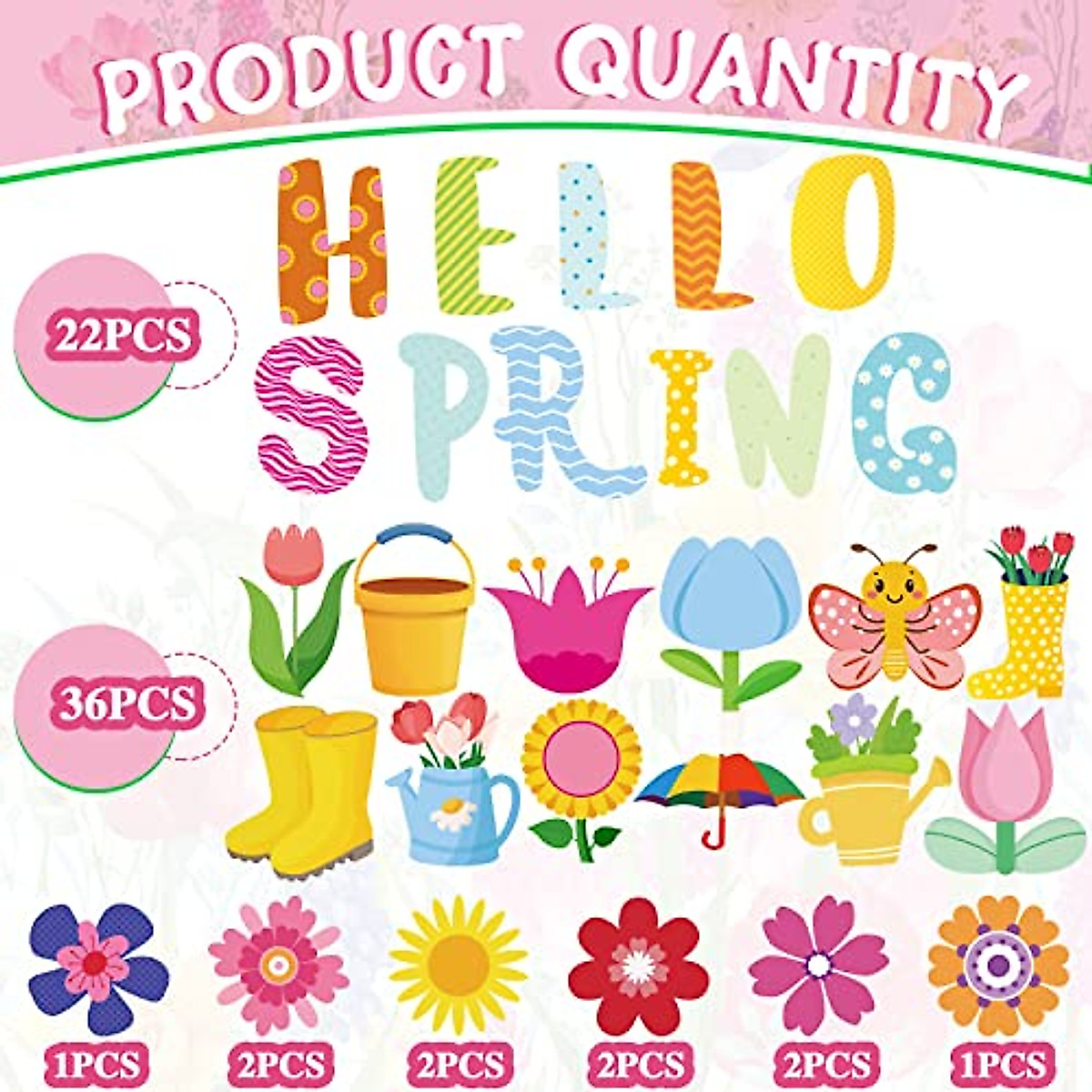 68 Pcs Hello Spring Cut Outs with 100 Pcs Glue Points Spring Floral Cut Outs Spring Bulletin Board Set Flower Plants Spring Cutouts Bulletin Board Decorations for Classroom School Game (Fresh Style)
