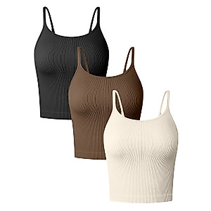 OQQ Women's 3 Piece Tank Tops Ribbed Adjustable Spaghetti Strips Workout Shirts Yoga Crop Tops Black Coffee Beige