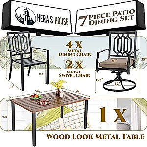 HERA'S HOUSE 7 Pieces Patio Dining Set, 60" Wood Look Table, 4 Metal Chairs and 2 Swivel Chairs, 6-Person Outdoor Table and Chairs Set for Lawn Garden Backyard