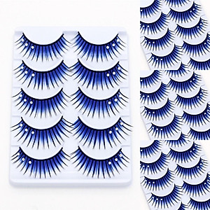 Okdeals 5 Pairs Glitter Lashes 3D Blue Cosplay Anime Eyelash with Rhinestones, 13mm Blue Dramatic Manga Lashes Halloween New Year Party Stage Makeup Eyelash, Black Stems