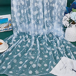 BENECREAT 1.09 Yard Snowflake Tulle Fabric, 69inch Light Blue Sheer Organza Fabric with Velvet Snowflake Pattern for Garment Accessorie, Veils Dress, Curtain Home Christmas Decorations