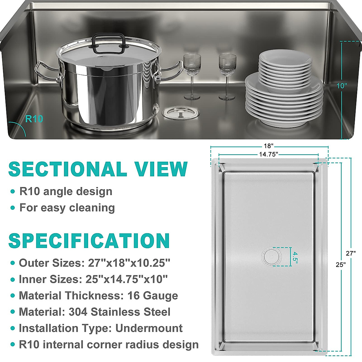 Tysun 27 Inch Undermount Kitchen Sink - 16 Gauge Drop In Kitchen Sink - Stainless Steel Single Bowl Kitchen Sink - Workstation Sink with Accessories