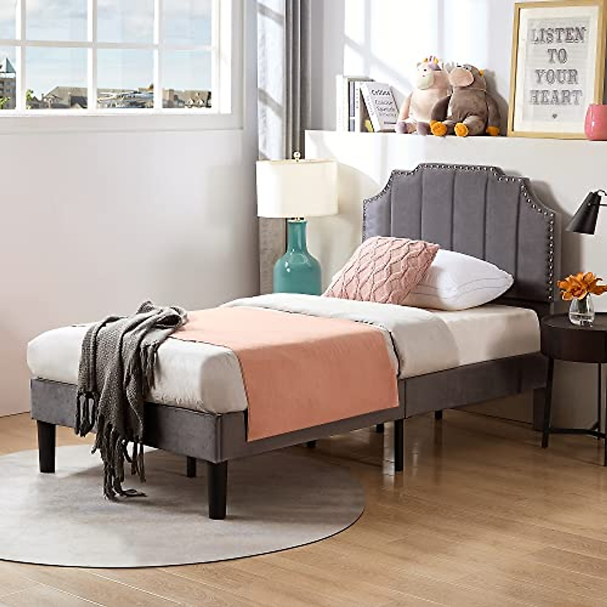 VECELO Twin Size Bed Frame Upholstered Platform with Tufted Adjustable Headboard/Mattress Foundation with Wood Slat Support, Easy Assembly,Dark Grey