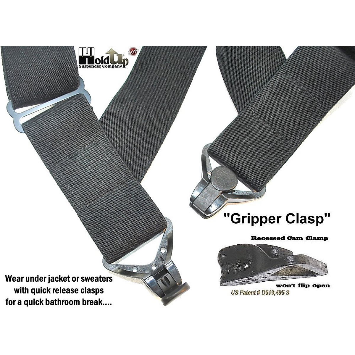 Hold-Up Hip-clip Style Suspenders for Men 1 1/2" Wide (Black/Plastic Clip)