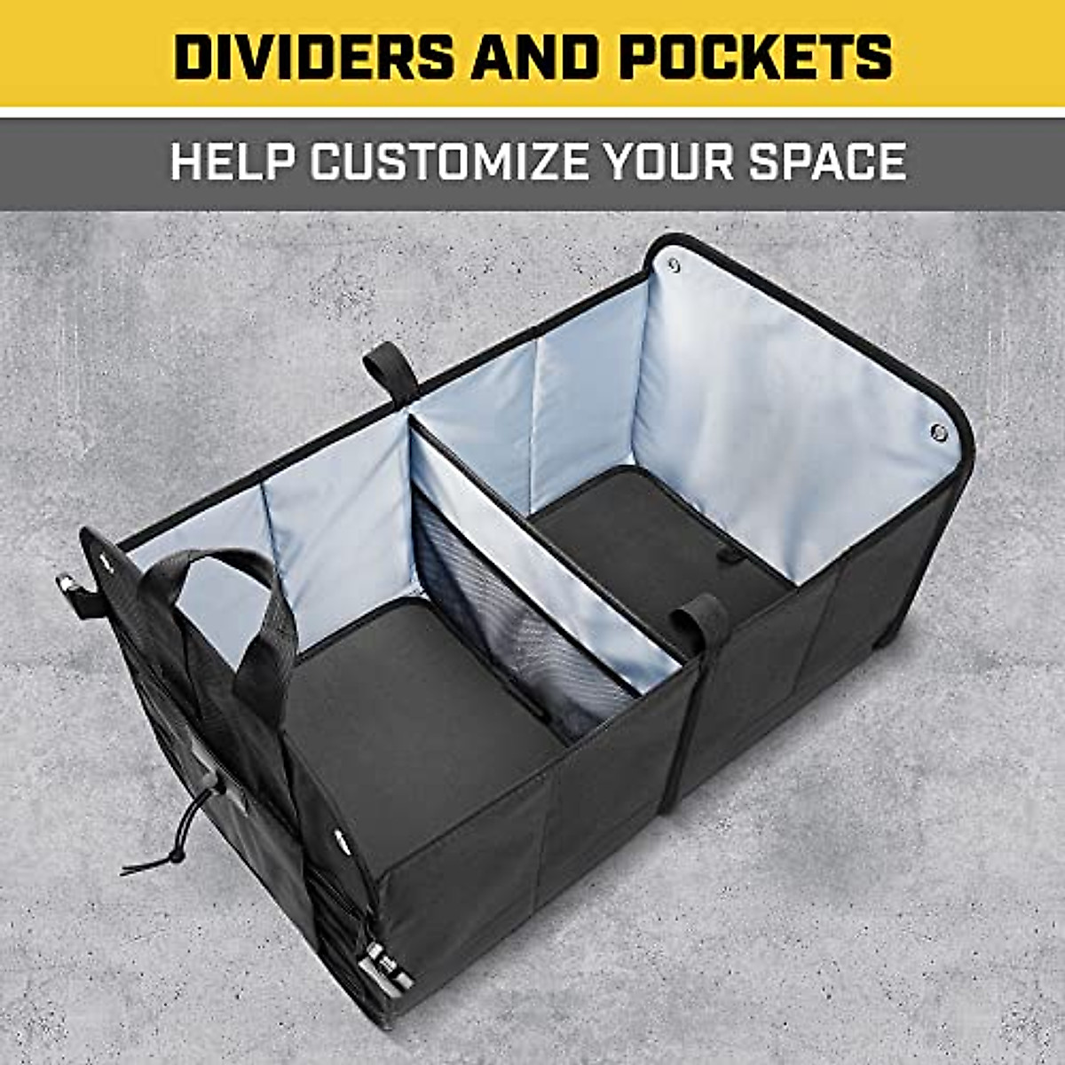 CAT® FlexTrunk Car Trunk Organizer Storage - Collapsible Dual-Compartment Automotive Adjustable Pockets Expandable Sturdy Multipurpose Folding Cargo Store for Auto Backseat, Black (CATO-201)