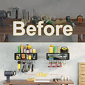 SRIWATANA Power Tool Organizer Wall Mounted, 2-Tier Heavy Duty Metal Storage Rack for Handheld and Power Tools, Utility Holder, Cordless Drill Storage, Black