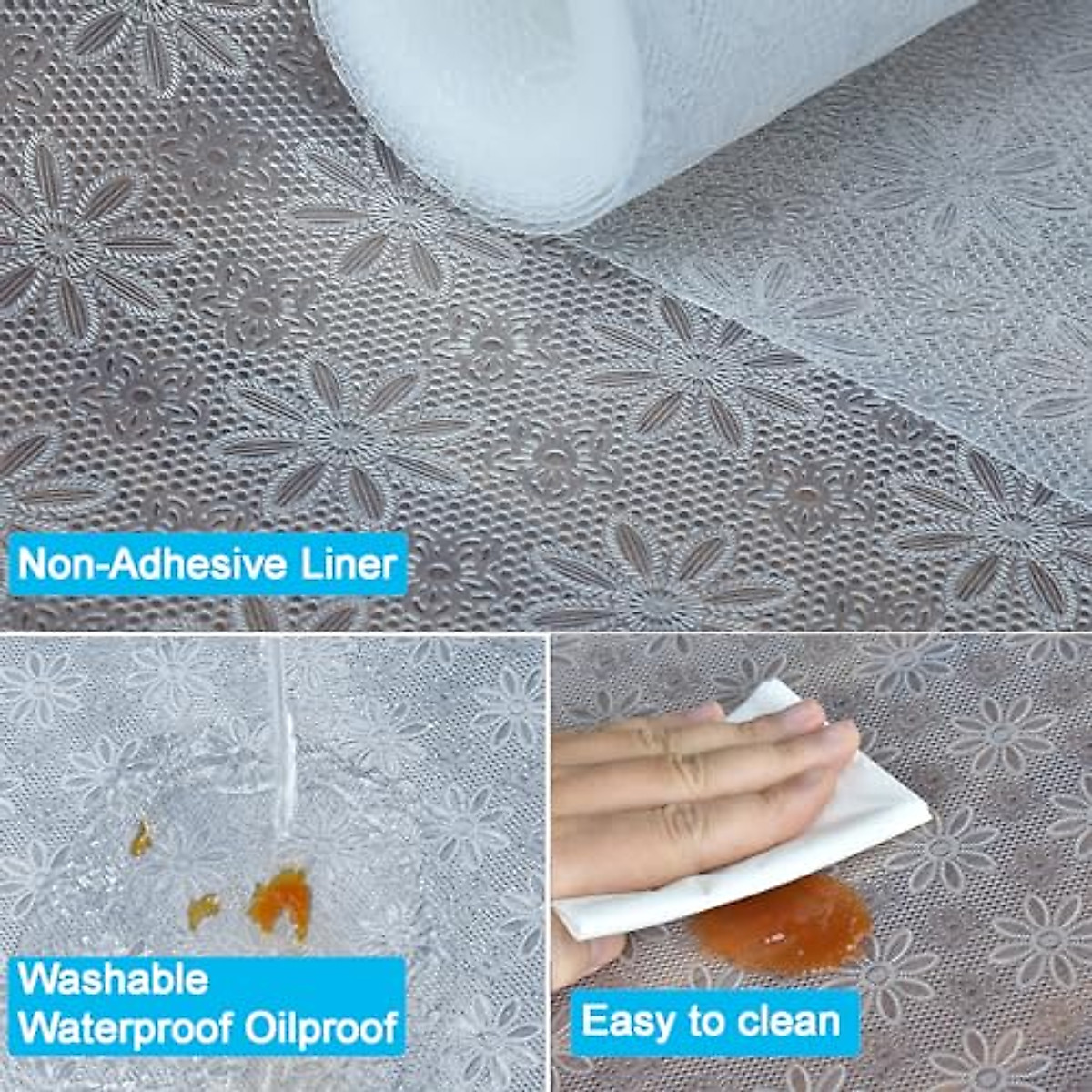 Hayder Shelf Liner, Durable Waterproof Refrigerator Liners Drawer Liner, Under Sink Mat, Washable Non Adhesive & Non Slip Liner Place Mat Roll, Flower Pattern (Clear 12"x 118")