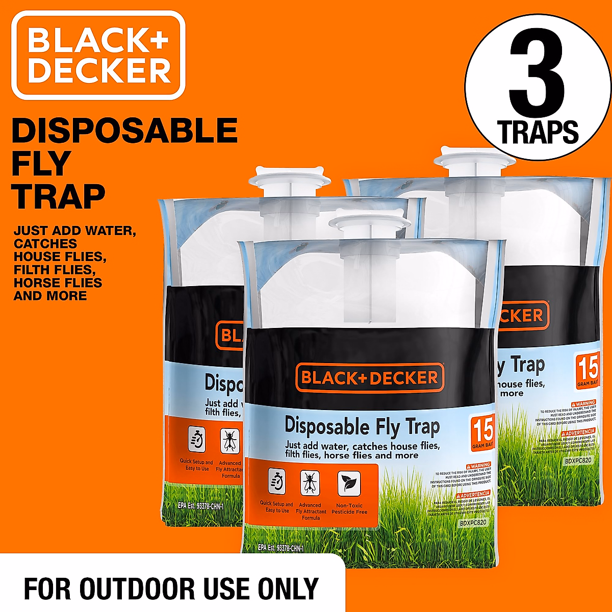 Fly Trap- Hanging Fly Traps Outdoor- Natural Non-Toxic Fly Catcher Attractant- Add Water to Catch House & Horse Flies in Garden, Backyard & Barn, 3 Pack 15 Grams