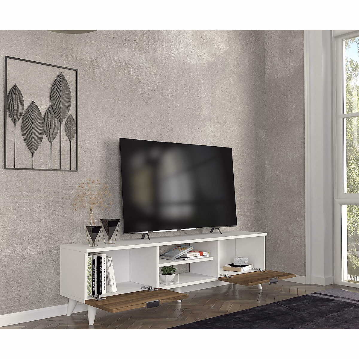 DORPEK Tealo Tv Stand White - Walnut, Tv Cabinet for TVs up to 65", Tv Bench with 2 Drawers and 2 Open Shelves, Tv Storage Unit for Living Room and Bedroom