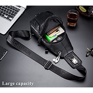 BULLCAPTAIN Genuine Leather Men's Sling Shoulder Backpack Multi-pocket Crossbody Chest Bags Travel Hiking Daypack with Earphone Hole (Black)