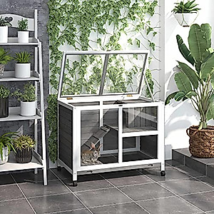 PawHut Indoor Rabbit Hutch with Wheels, Desk and Side Table Sized, Wood Rabbit Cage, Waterproof Small Rabbit Cage, Gray