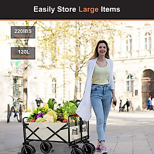 DOBEGARDEN Collapsible Folding Wagon Bearing 220lbs Beach Wagon Portable Utility Garden Cart Heavy Duty Grocery Wagon for Camping Picnic Shopping and Travel Trailer with All Terrain Silent Wide Wheels