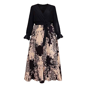 Cnebo Business Dresses for Women Women's Plus Size Spring and Summer V Neck Floral Print Decoration Ruffled Long Sleeved Solid
