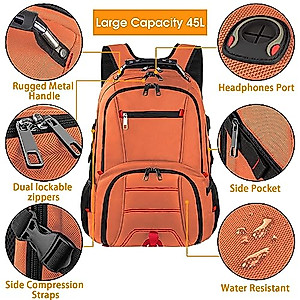 Extra Large 50L Travel Laptop Backpack, Computer bag Backbag with USB Charging Port, TSA Friendly Durable Big RFID Heavy Duty Business Tech Backpack Fits 17 Inch Laptops for Men Women, Orange