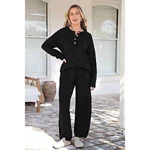 PRETTYGARDEN Women's 2 Piece Tracksuit Outfits 2024 Fall Knit Sweater And Wide Leg Pants Sweatsuit Lounge Sets (Black,Large)