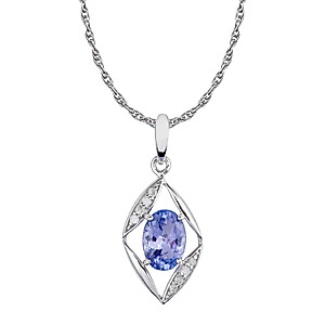 10k White Gold Genuine Oval Tanzanite and Diamond Pendant Necklace