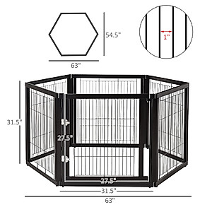 PawHut Transformable Pet Playpen 6 Freestanding Panels Gate Fireplace Christmas Tree Fence Stair Barrier Room Divider with Walk Through Door Wooden Frame Metal Mesh Black 63'' x 54.5'' x 31.5''