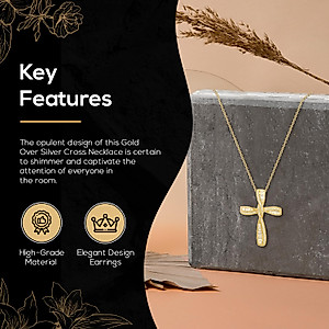 925 Sterling Silver Necklace for Women, Fancy Baguette Cubic Zirconia Twist Cross Pendant, 14k Yellow Gold Plated, Sterling Silver Yellow Gold, Cubic Zirconia