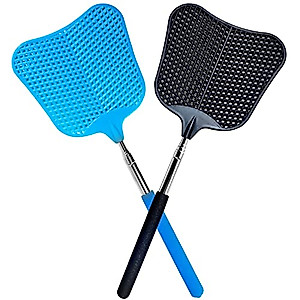 Fly Swatter, Flexible and Durable Telescopic Stainless Steel Retractable Handle ，Manual Fly swatters for Home,Garden,Classroom and Office (2Pcs Black& Blue)