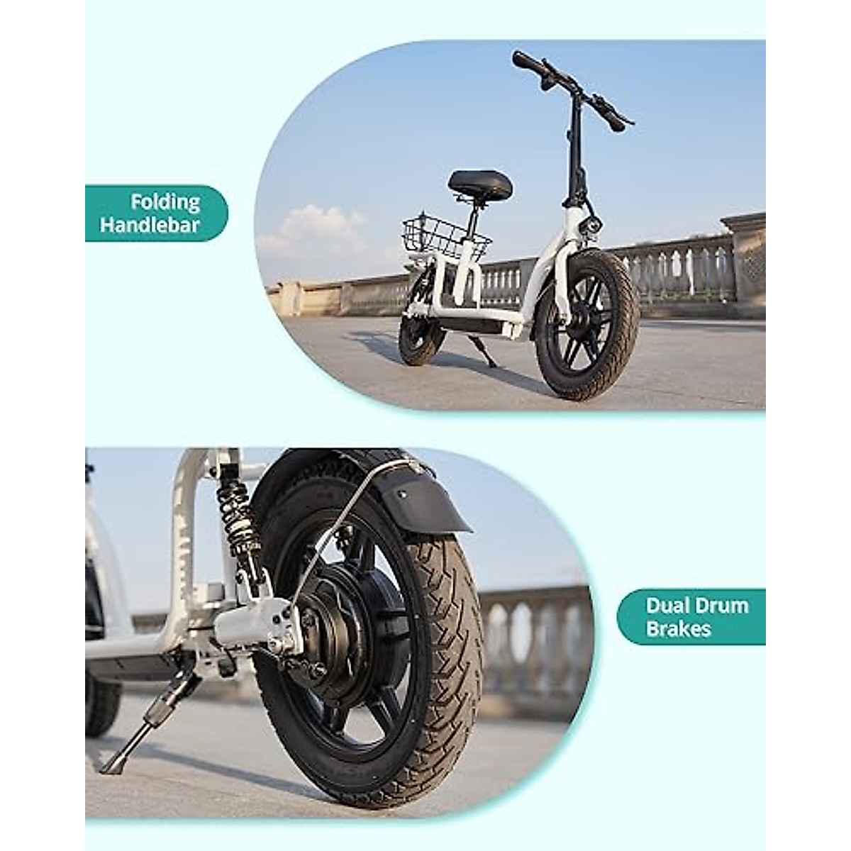 Gotrax Astro Electric Scooter with Seat, 14" Pneumatic Tire and 19 Miles Range&15.5Mph Power by 350W Motor, Comfortable Rear Dual Shock Absorption&Wider Seat, EBike with Carry Basket for Adult White