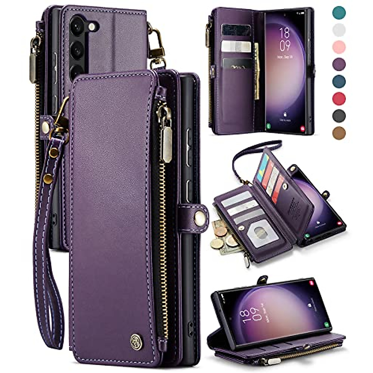 Defencase Galaxy S23 Plus Wallet Case, RFID Blocking PU Leather, Magnetic Flip & Zipper Card Holder - Fashion Purple