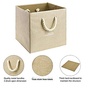 i BKGOO Foldable Storage Cube Bins Khaki Linen Fabric Collapsible Resistant Basket Box Organizer with Cotton Rope Handle for Home Office and Nursery 13x13x13 inch