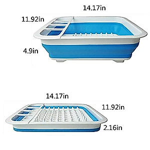 Collapsible Dish Drying Rack with Drainer Board Set Portable Dish Drainers for Small Kitchen Camper RV Caravan Travel Trailer (Blue)