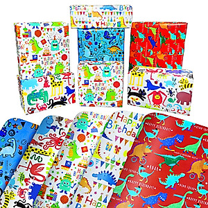 Kids Birthday Wrapping Paper for Boys Wrapping Paper Birthday Sheets-10 Pack Cute Animal Dinosaur Wrapping Paper for Boys,Toddlers,Girls,Children,Kids,Birthday,Baby Shower,Party,Dino Gift Wrapping Paper Kids for Present Wrapping Paper Birthday Boy-5 Style